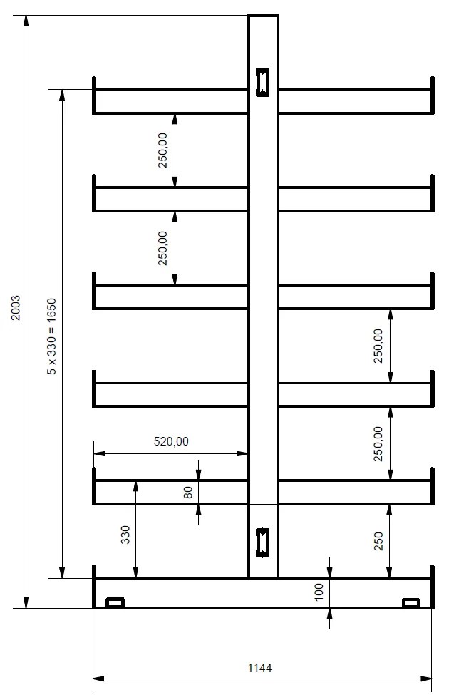 Konzolový regál, oboustranný, 2000 x 1380 x 1144 mm, 6 pater