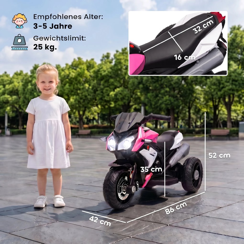 HOMCOM Elektrická dětská motorka, světla a zvuky, 3 km/h, dobíjecí, plast a kov, růžová/bílá