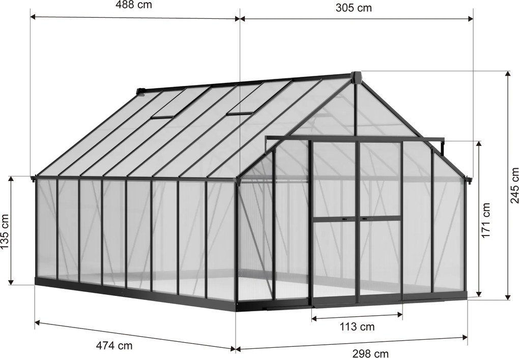 Skleník 245 x 305 x 488 cm, zesílená konstrukce, polykarbonát 6 mm