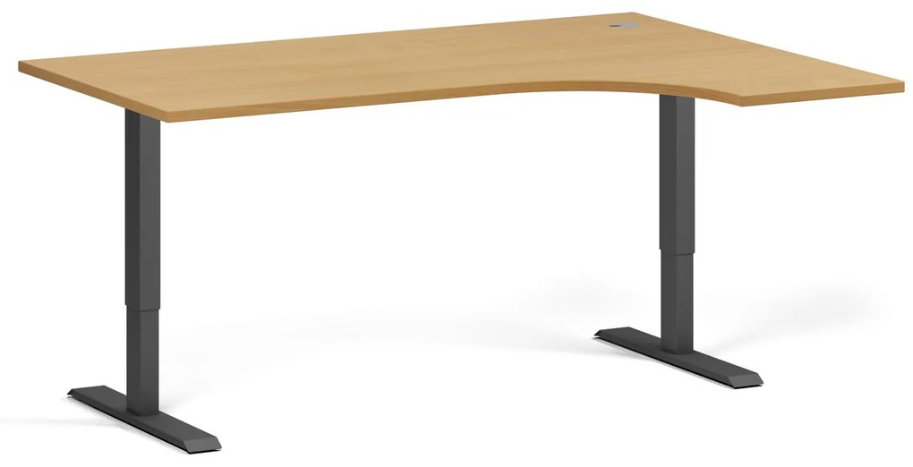 Rohový výškově nastavitelný stůl, 160x120 cm, 2 motory, L/P, černá podnož, buk