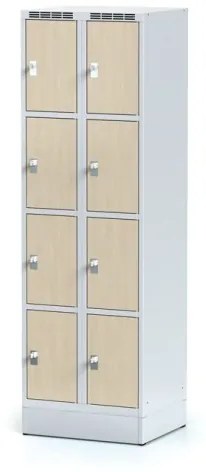 Alfa 3 Šatní skříňka na soklu s úložnými boxy, 8 boxů 300 mm, laminované dveře bříza, otočný zámek