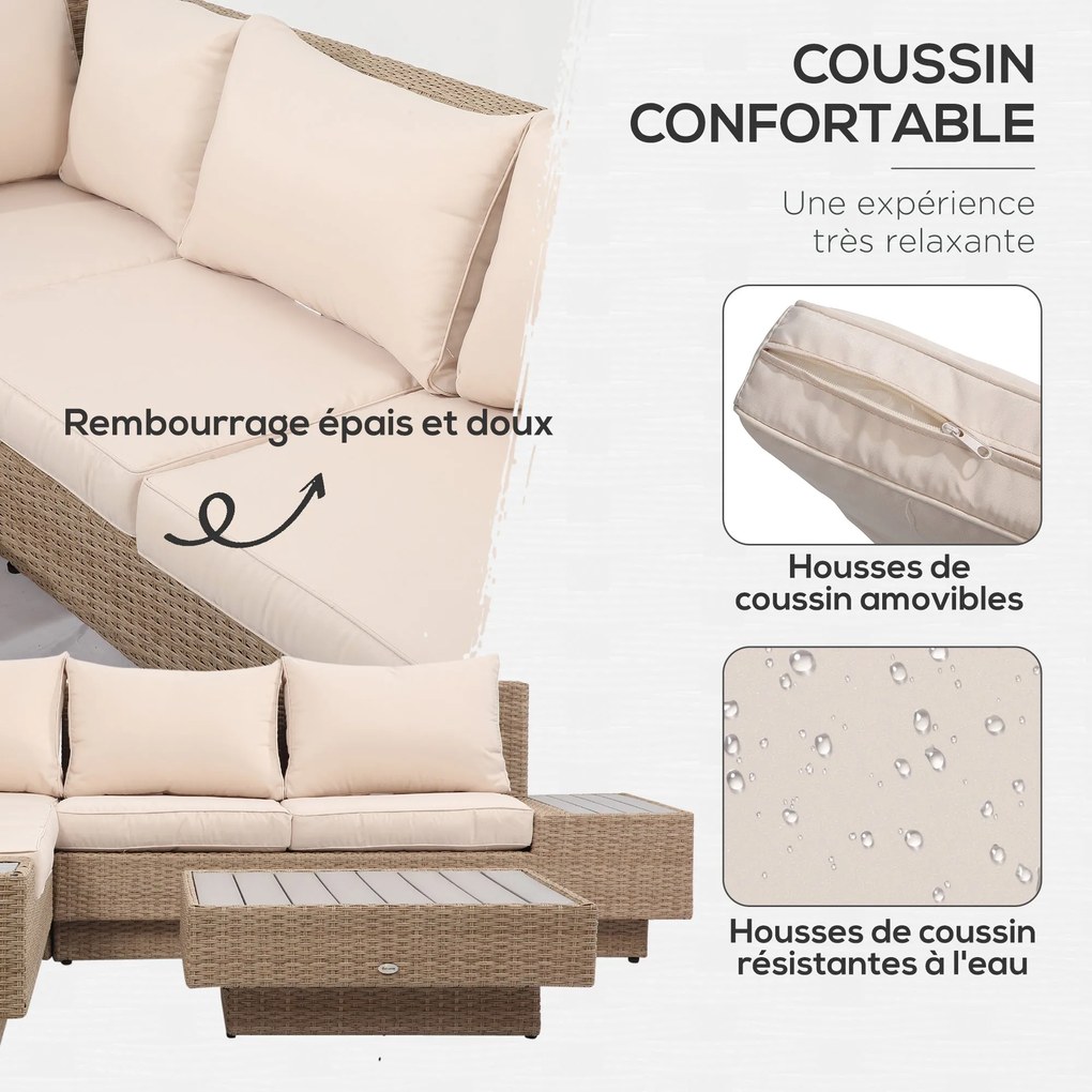 Outsunny 5-místná rohová zahradní lounge sada moderní design silné polštáře odkládací stolek tkaný pryskyřice kov, béžová | Aosom