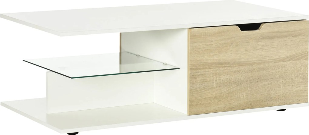 HOMCOM Moderní Design Obdélníkový Konferenční Stolek se 2 Zásuvkami, 2 Policemi a Skleněnou Policí, Bílý Dubový Vzhled 106 x 58 x 39 cm