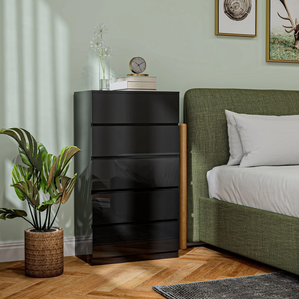 HOMCOM Komoda s 5 šuplíky Moderní komoda s protisrážecí konstrukcí pro obývací pokoj a chodbu 55x34x100 cm Černý lesk