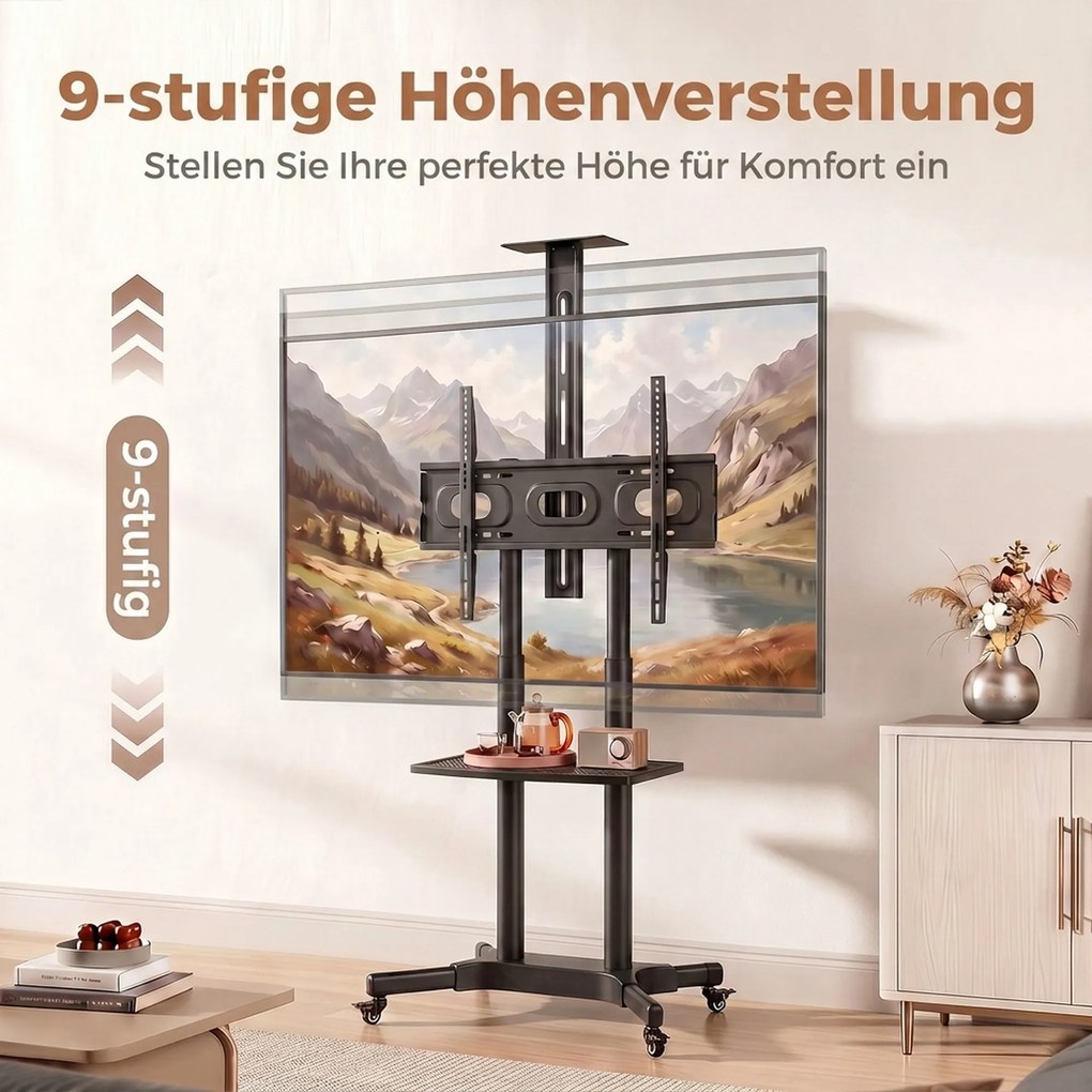 HOMCOM TV stojan na kolečkách pro TV 32-75 palců, výškově nastavitelný TV stojan s 2 policemi, kovový, max. VESA 400x600 mm