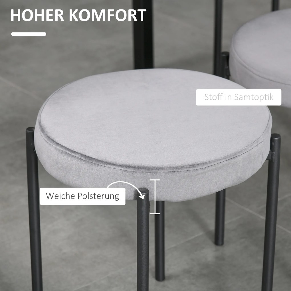 HOMCOM Sada 4 jídelních židlí Stohovatelná kuchyňská židle s čalouněným sedákem sametového vzhledu, šedý kov, ideální do kuchyně a jídelny 41,5 x 41,…