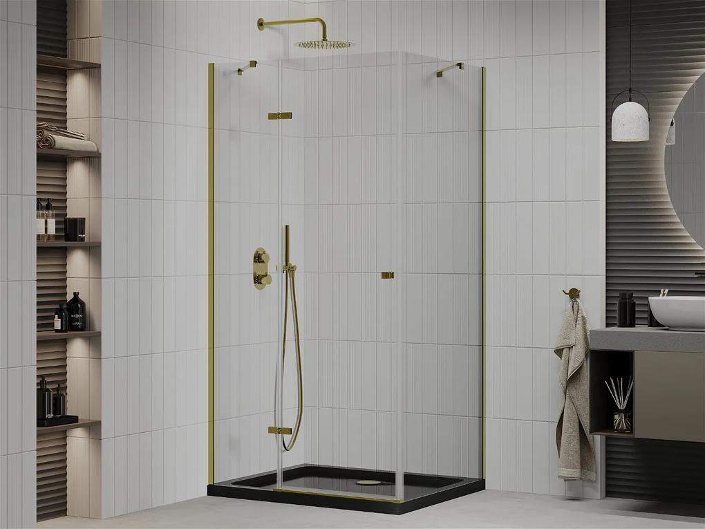 Mexen Roma, sprchový kout s 1-křídlými dveřmi 100 (dveře) x 80 (stěna) cm, 6mm čiré sklo, zlatý profil, slim sprchová vanička 5cm černá, 854-100-080-50-00-4070G