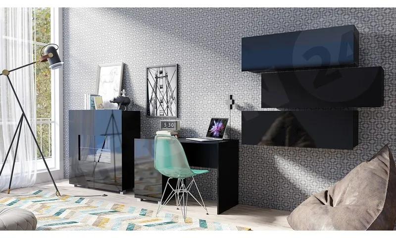 Obývací stěna Bralani XV, Barva: černá + černá lesk / bílá + bílá lesk, Osvětlení: osvětlení LED - modré