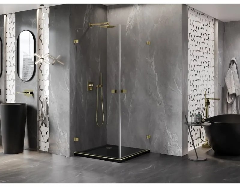 Mexen Lunar-B Duo, výklopný sprchový kout 90 x 90 cm, 8mm čiré sklo, zlatý profil, 832-090L-090P-50-00