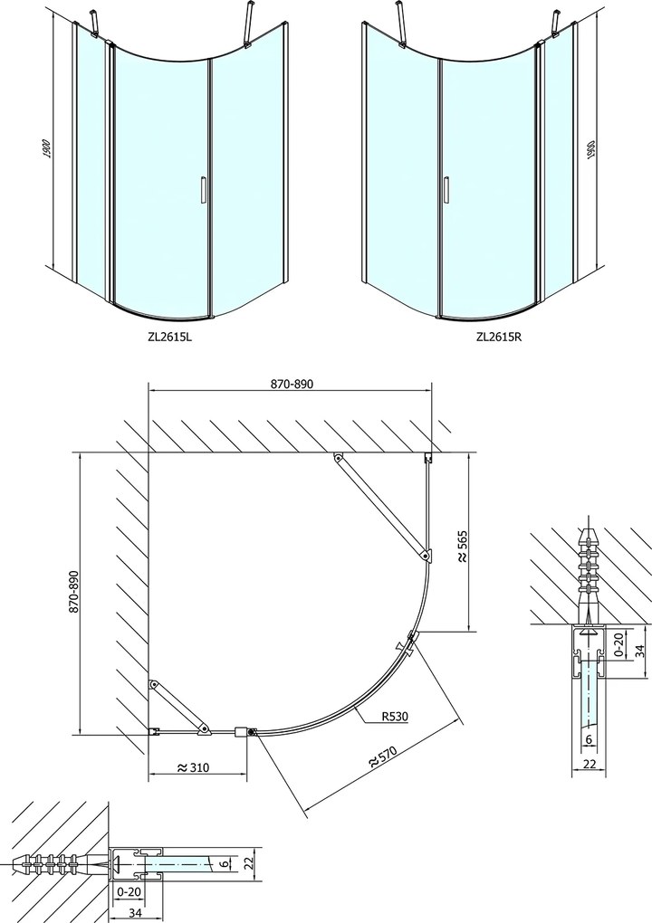 Polysan Polysan, ZOOM LINE čtvrtkruhová sprchová zástěna 900x900mm, čiré sklo, pravá, ZL2615R