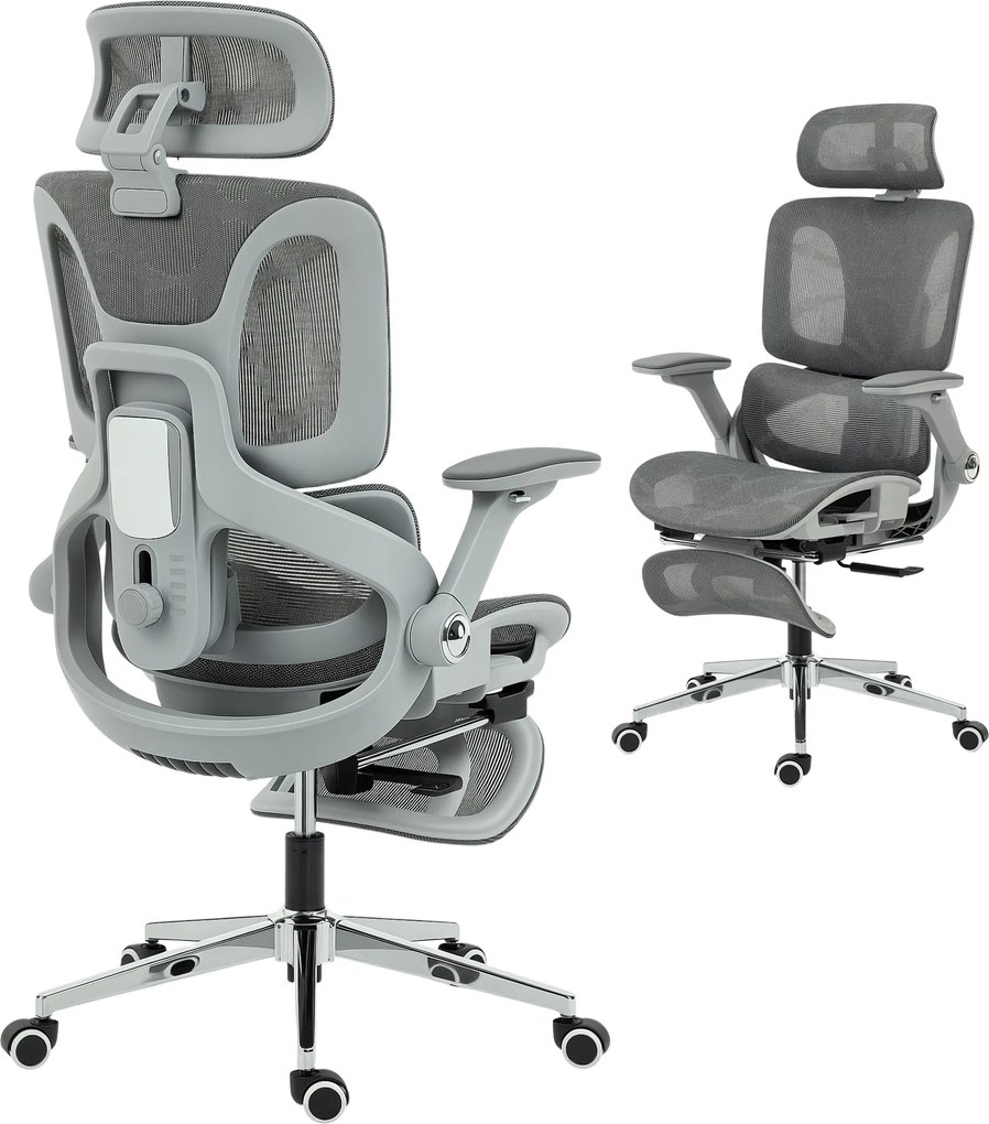HOMCOM ergonomická síťovaná kancelářská židle — 4D područky, nastavitelná opěrka hlavy a hloubka sedáku, bederní opora, sklápění 135° s opěrkou nohou