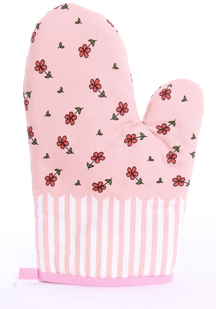 Kuchyňské rukavice s pásky a s květinami - růžovobílé