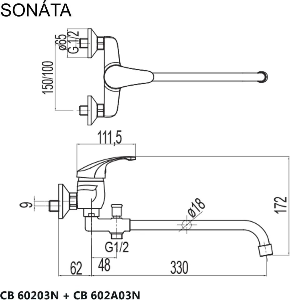 Mereo Mereo, Nástěnná baterie do byt. jádra, Sonáta, bez příslušentví pr. 18 mm - 330 mm, chrom, CB602A03N