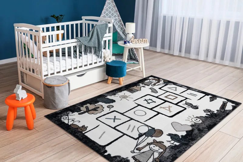Dywany Łuszczów, Dětský kusový koberec Fun Hop black, 200x290, černobílá, dětský pokoj