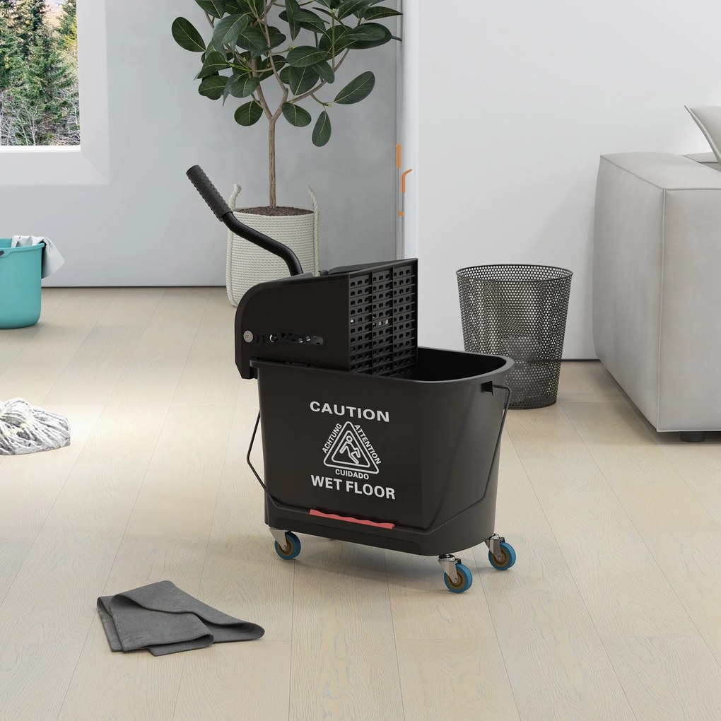 HOMCOM Úklidový vozík Úklidový kbelík 20 l vozík na mop s lisem 2 přihrádky Černá barva