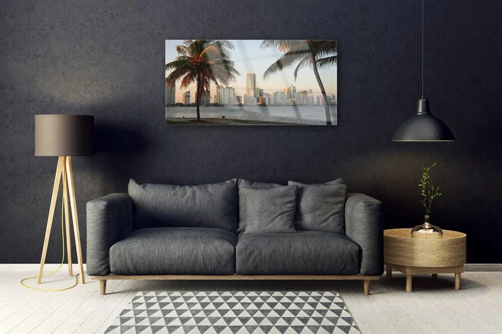 Obraz na skle Palmy Tropy Město Moře 120x60 cm