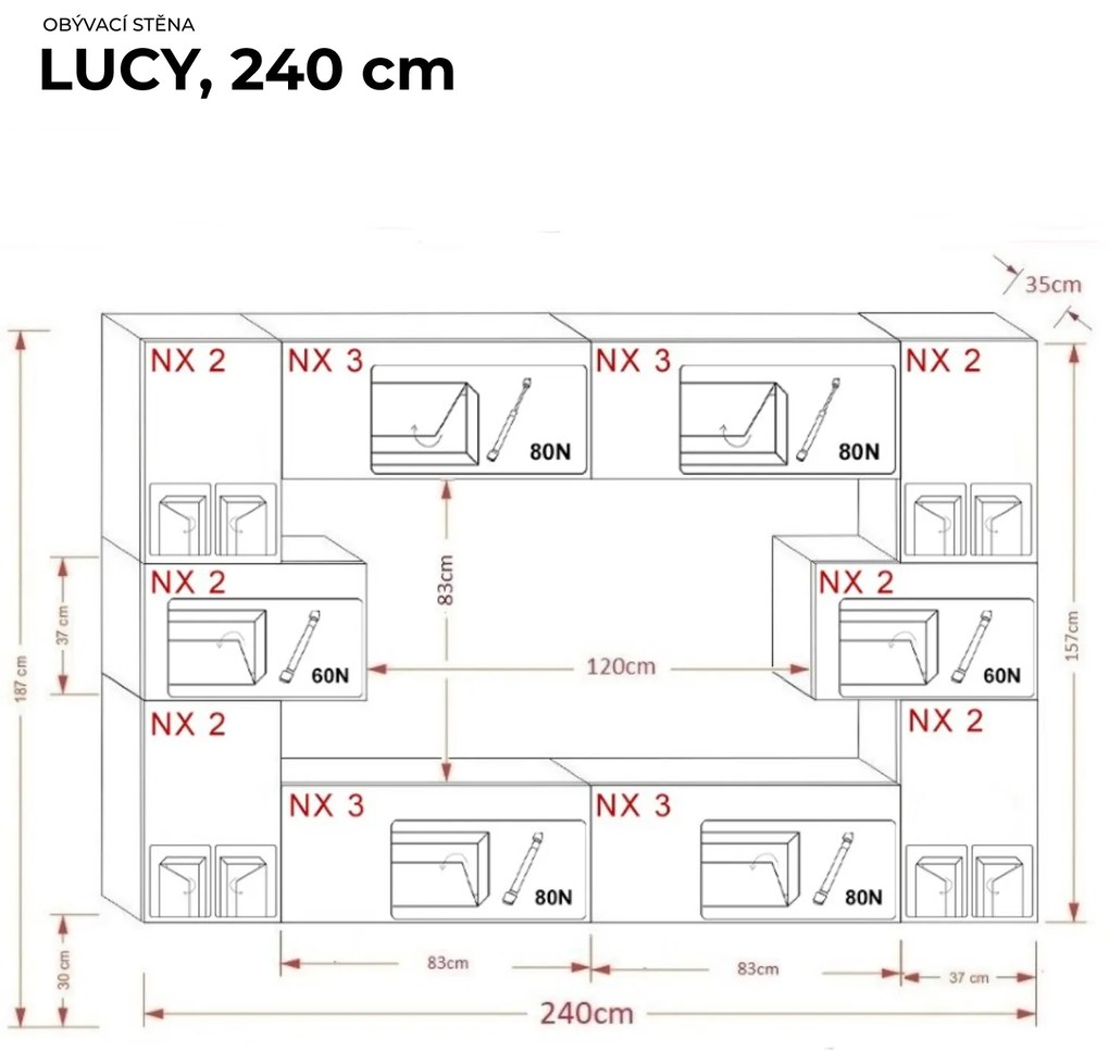 Ral Obývací stěna LUCY 3, 240 cm - Bílý lesk