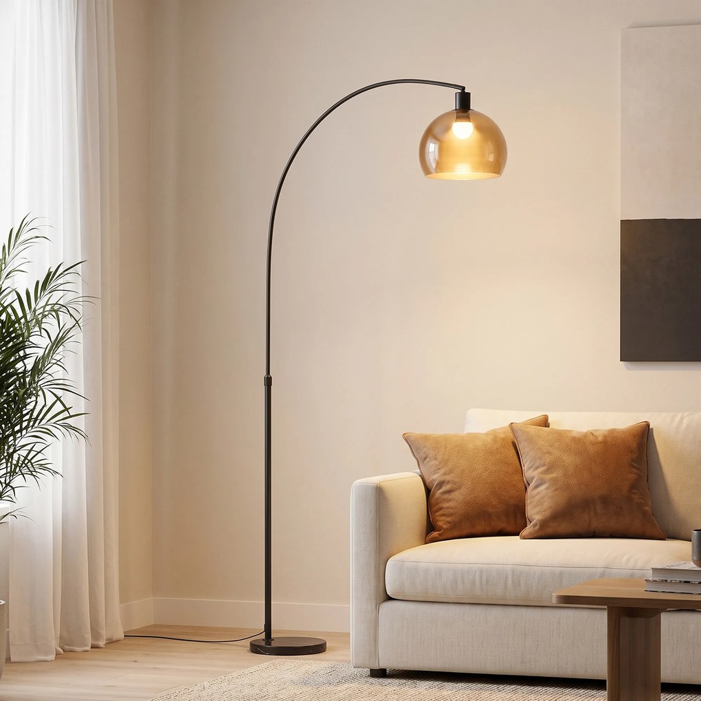 HOMCOM Stojací lampa, ohnutá hlava, nožní spínač, mramorový podstavec, plastový stínidlo, šedá