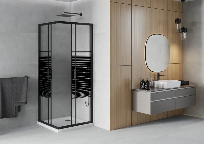 Mexen Rio, čtvercový sprchový kout 90(dveře)x90(dveře)x190 cm, 5mm čiré sklo-vzor pásky, černý profil + bílá sprchová vanička SLIM, 860-090-090-70-20-4010B
