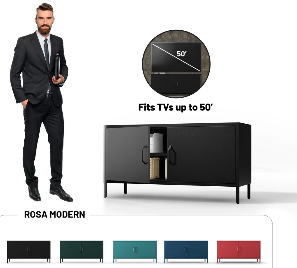 TV skříňka kovová na nožičkách černá, 1150x595x400 mm: ROSA Modern