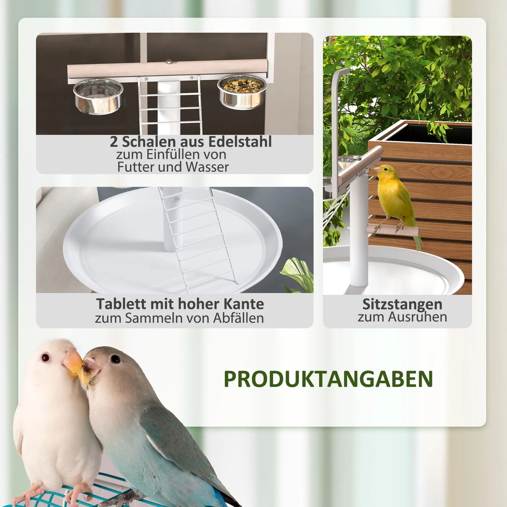 PawHut stojan na ptáky s krmítkem, kolečka, bidýlka, krmítko, krmítko pro ptáky s žebříkem na zahradu, balkon, ocel, bílá