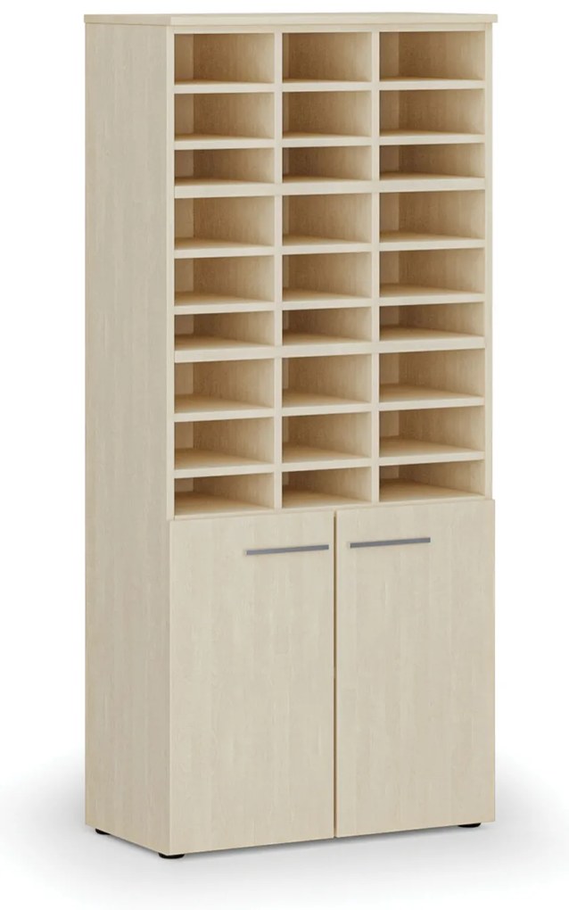 Třídicí regál s dveřmi PRIMO WOOD, 800 x 420 x 1781 mm, 27 přihrádek, bříza