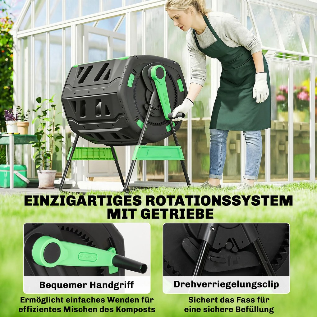 Outsunny 200 l kompostér s otočným bubnem, 94 × 67 × 98 cm – rychlý kompostér s větracími otvory a posuvnými dvířky, odolný plast