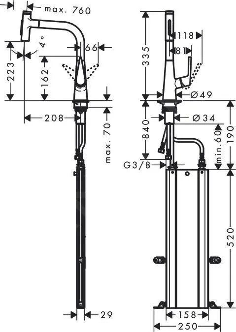 Hansgrohe Talis Select M51, dřezová baterie M5117-H220 s výsuvnou sprškou, sBOX, nerezová, HAN-73868800