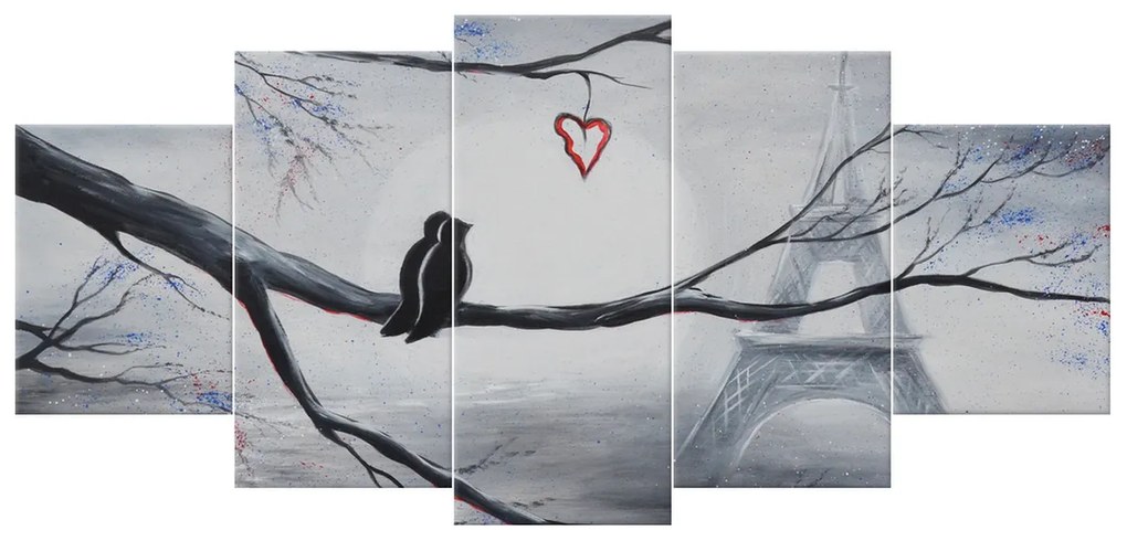 Gario Ručně malovaný obraz Ptačí romantika v Paříži - 5 dílný Rozměry: 150 x 70 cm