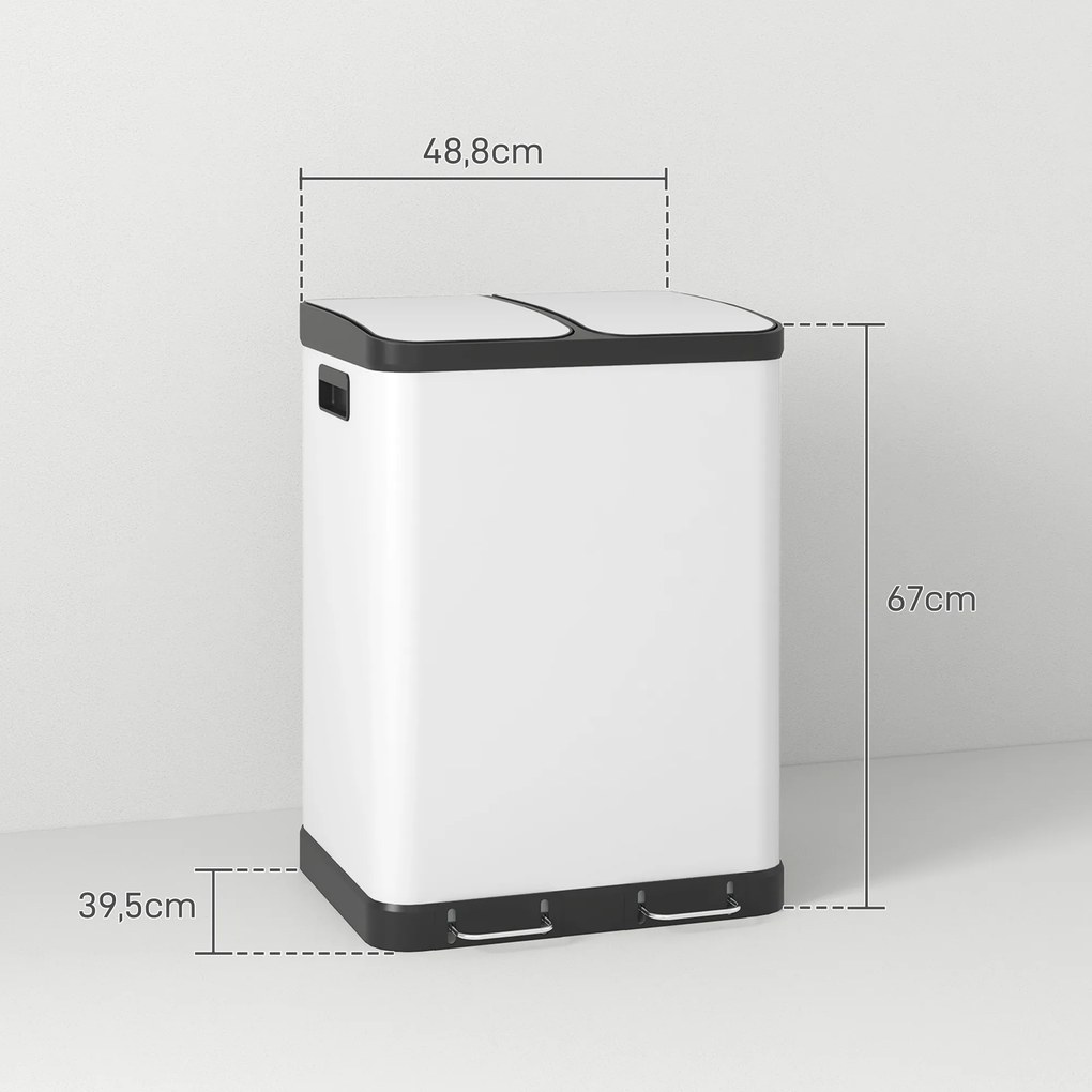HOMCOM Dvoukomorový odpadkový koš, 2 x 30 l, odolný proti otiskům prstů, pedál, vyjímatelný vnitřní koš, šedý