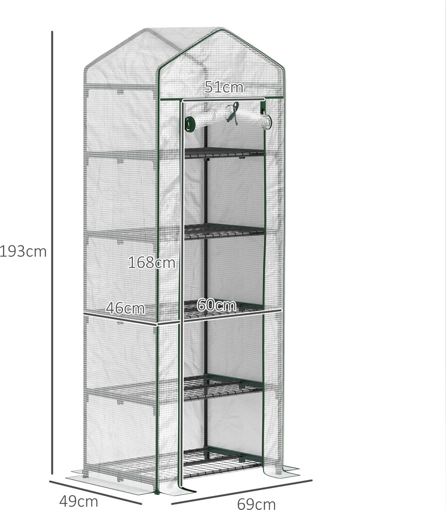 Skleník Outsunny s rolovacím dveřmi, policemi, zimní ochrannou ocelovou konstrukcí, skleník pro balkon, zahradu, dům na rajčata 69 x 49 x 193 cm, skl…