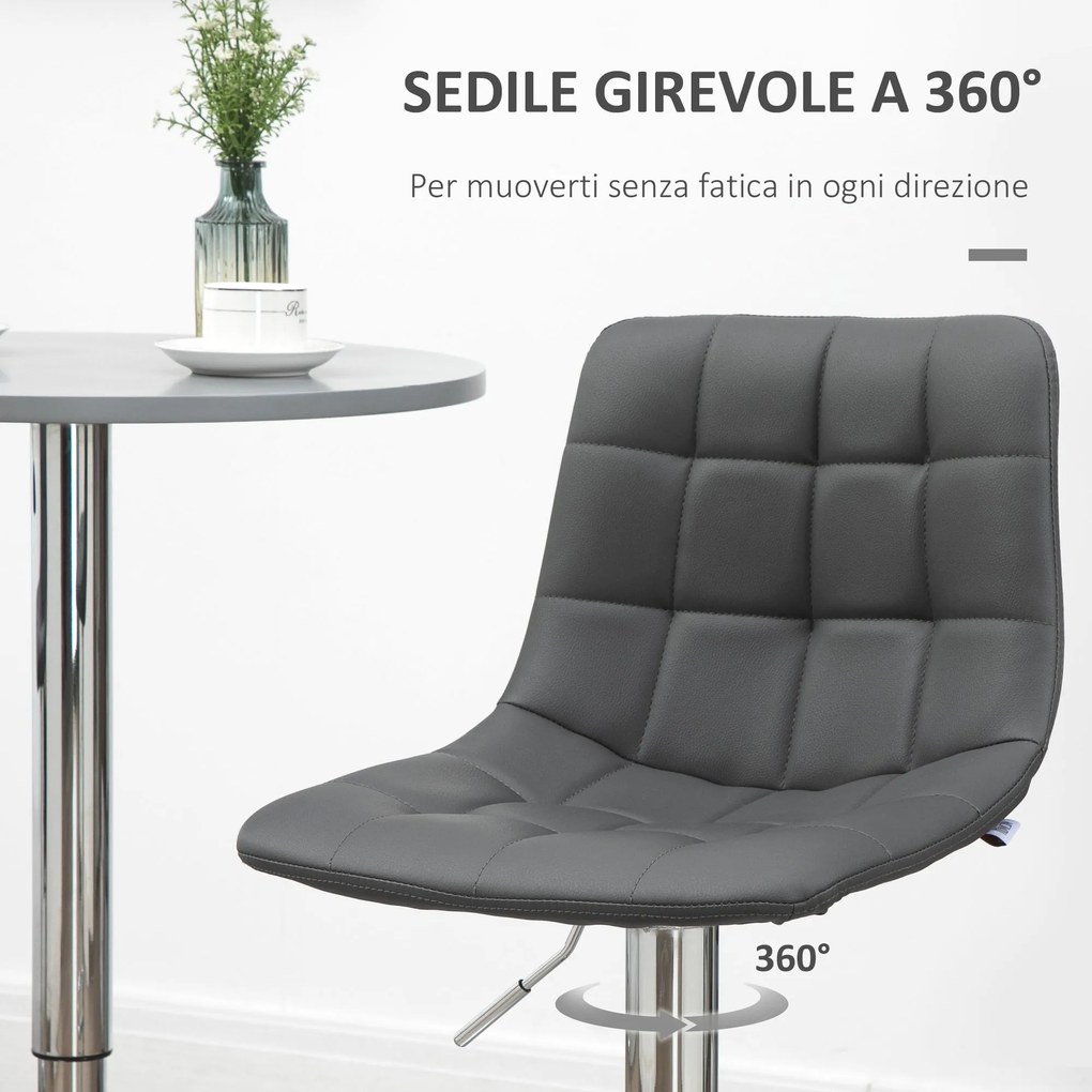 HOMCOM Sada 2 barových židlí z imitace kůže s opěradlem, otočné kuchyňské a obývací židle s opěrkou nohou, 42x45x89-110cm, Šedé