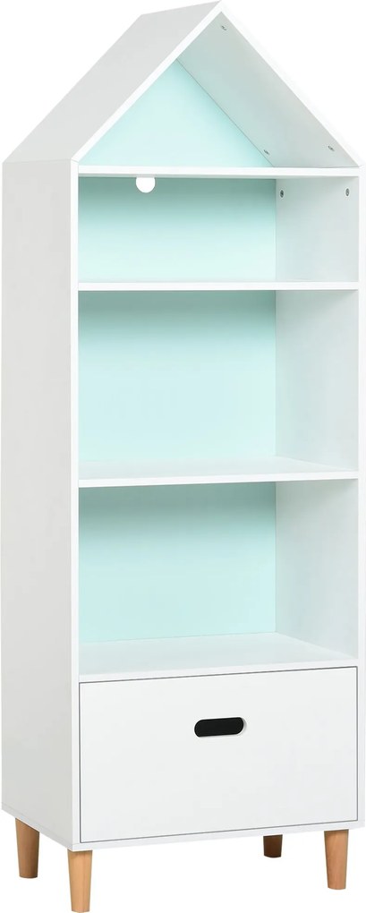 HOMCOM Dětská knihovna Dřevěná knihovna pro děti na knihy, hračky a DVD s 4 policemi a 1 zásuvkou Dvoubarevný kompaktní design 50x30x142 cm Bílá | Aos