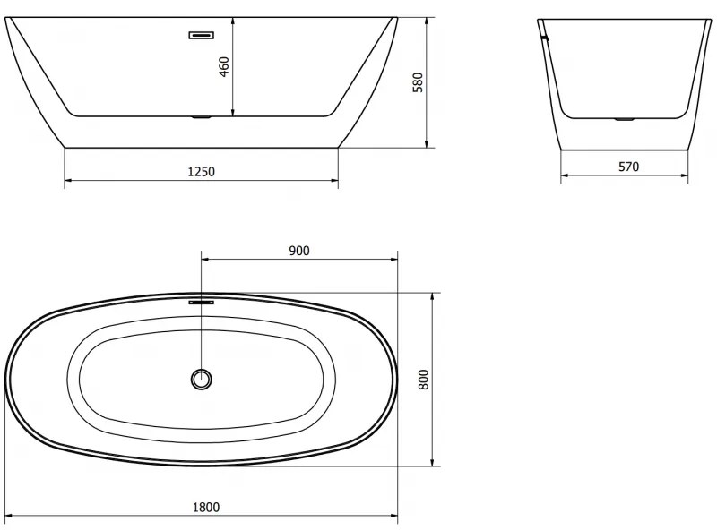 Mexen Eris, volně stojící vana 180 x 80 cm, bílá, černý matný přepad, 53441808000-70