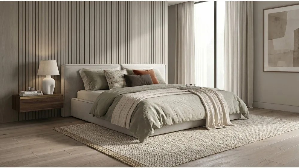Světle šedá čalouněná dvoulůžková postel s úložným prostorem a roštem 160x200 cm Arendal – Cosmopolitan Design