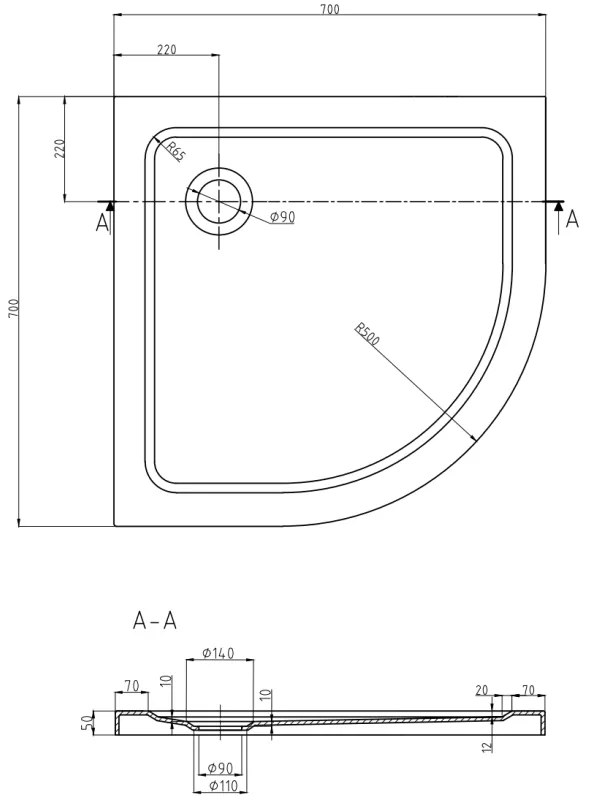 Mexen Flat polokulatá vanička do sprchového koutu slim 70 x 70 cm, Černá, sifon Chromovaná - 41707070