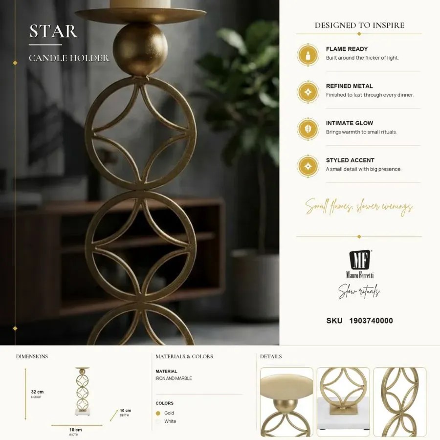 Kovový svícen Star 32 cm zlatý/mramor