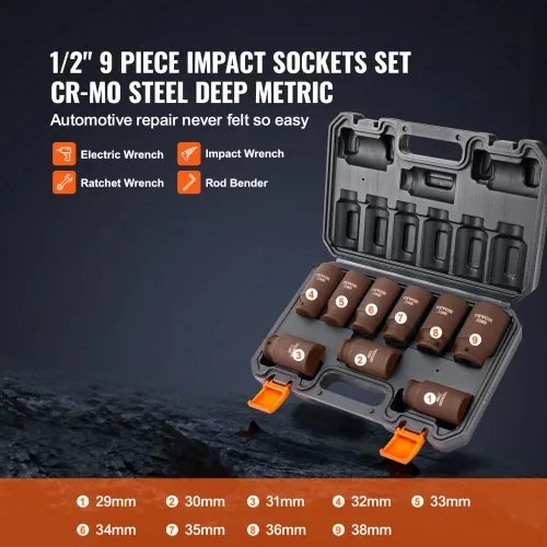 12,7 mm sada rázových nástavců, 9dílná sada hlubokých zdířek metrických 29-38 mm