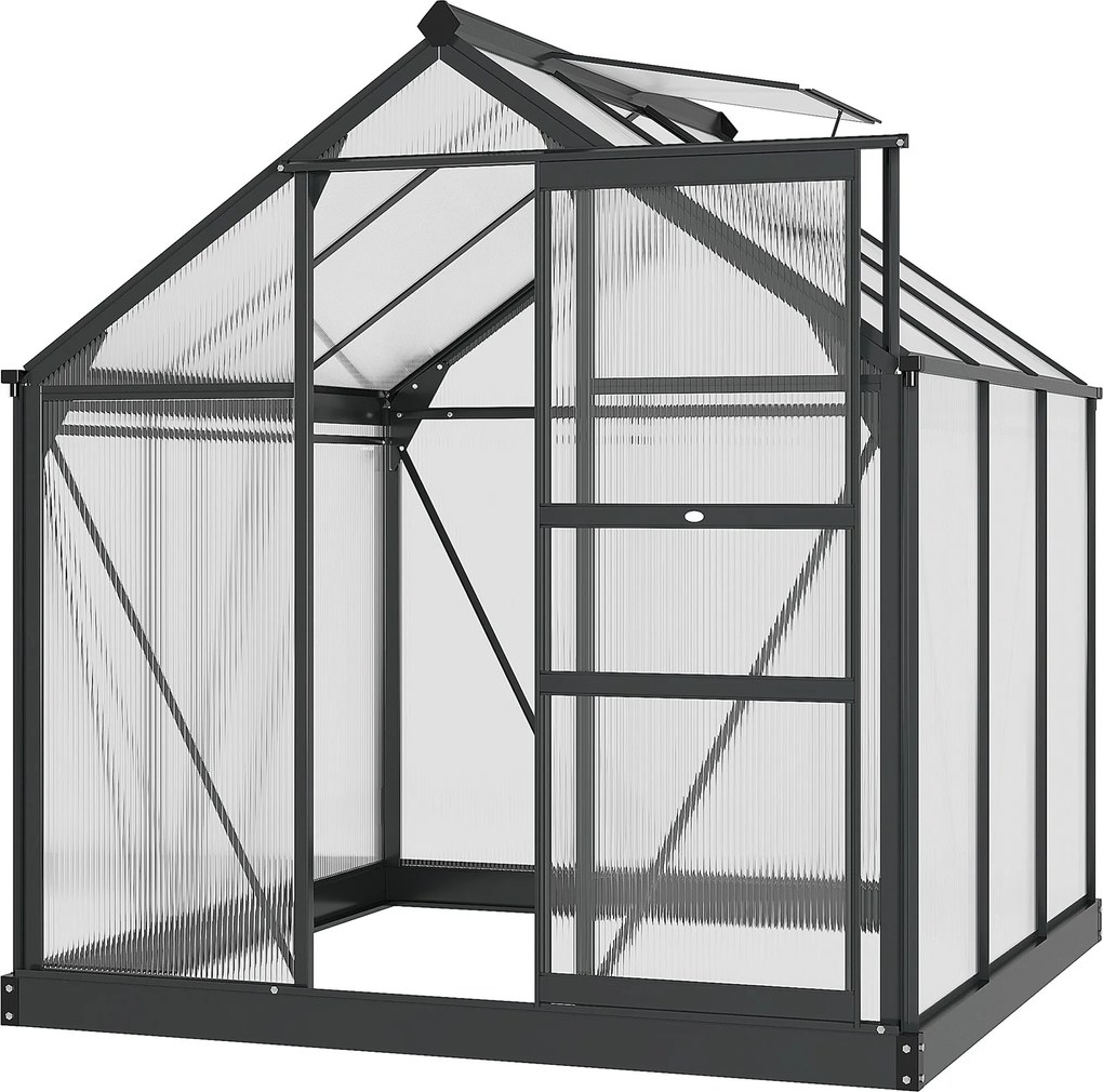 Zahradní skleník Outsunny z polykarbonátu 3,65 m² hliníkový skleník pro zahradu 190 x 192 x 201 cm odolný vůči UV záření, se zpevněným základem, okape