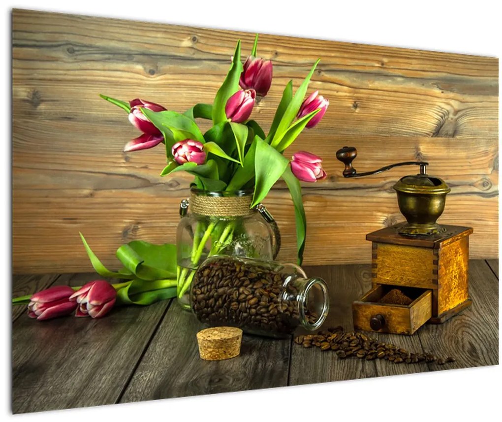 Obraz - tulipány, mlýnek a káva (120x80 cm), 40 dalších rozměrů