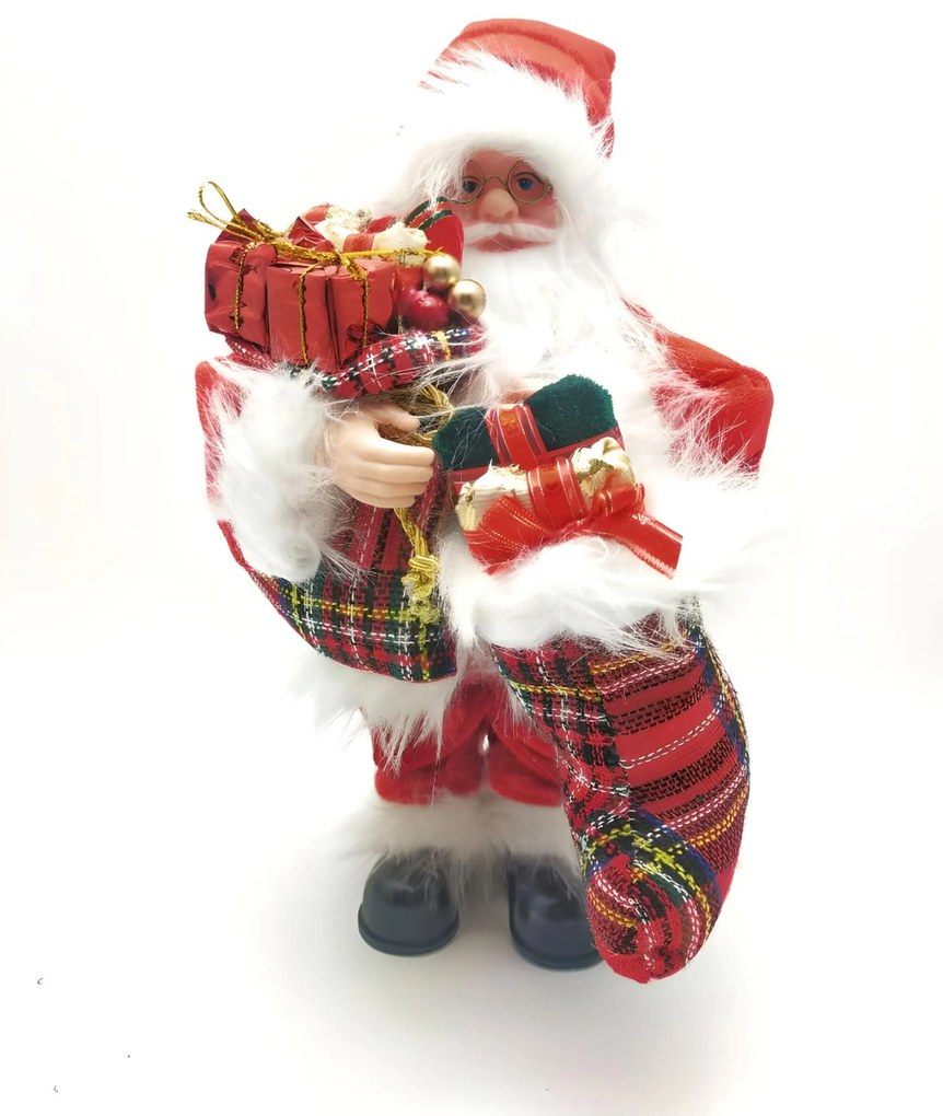Vánoční dekorace, zpívající a tančící Santa Claus nosící dárky v pytli a pončoše, 35cm