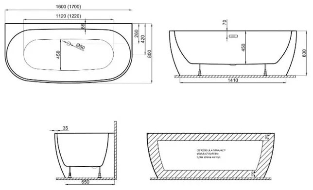 Polimat Akrylátová volně stojící vana ke stěně Risa 170x80 Barva: Bílá/černá mat, Rozměry (cm): 170x80