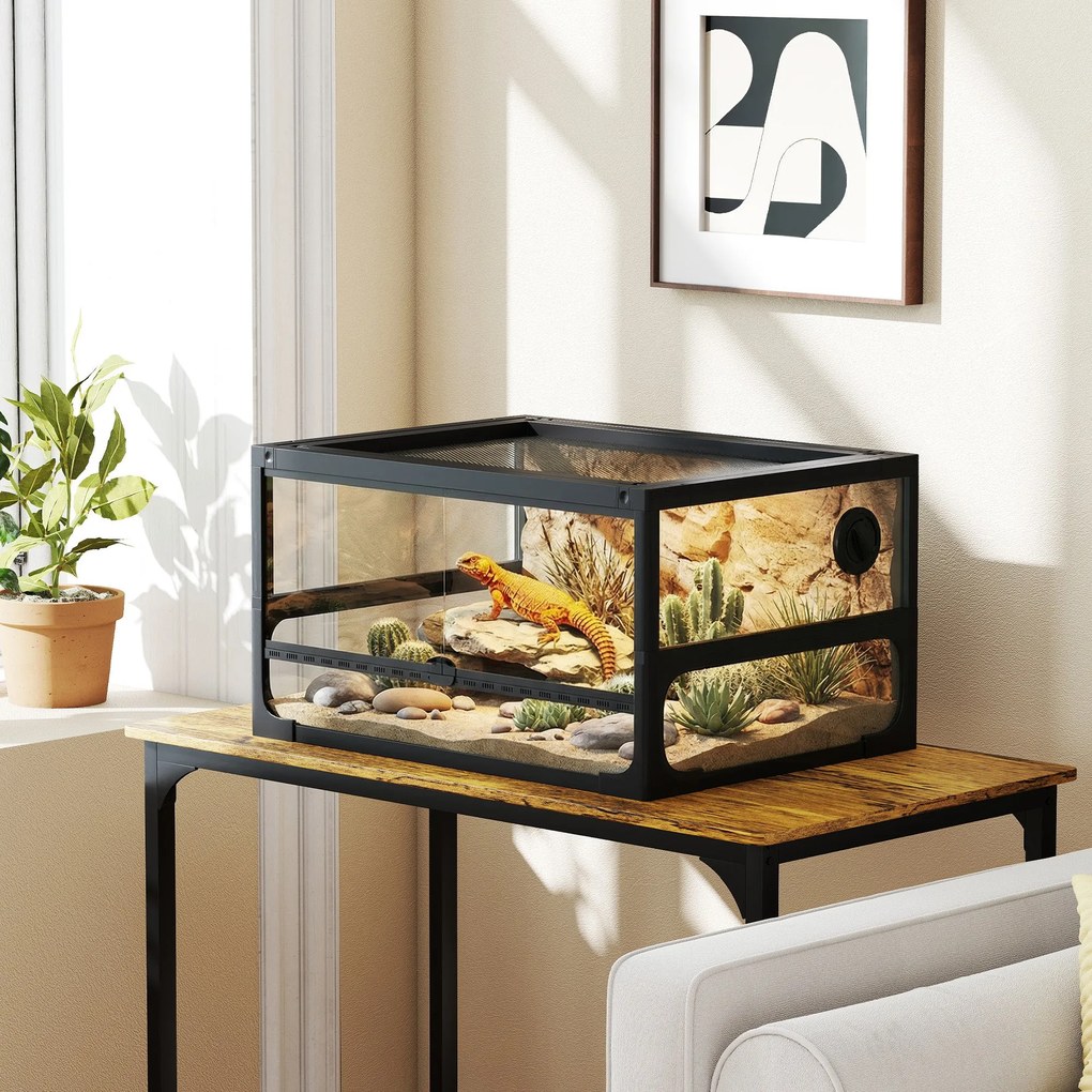 PawHut zvýšené skládací terárium pro plazy 60 × 45 × 32 cm (24 × 18 × 13 palců) — kalené sklo, zamykatelné víko, podávací dvířka, síťované větrání, 3…