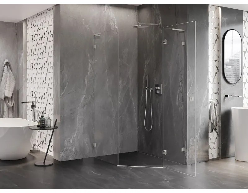 Mexen Lunar, L pětiúhelníkový sprchový kout naklápěcí vpravo 80 x 90 cm, 8mm čiré sklo, ocelový profil, 831L-080P-090L-97-00-P