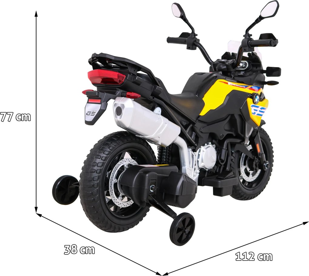 Ramiz Dětská motorka na baterie BMW F850 GS žlutá + pomocná kolečka + audio LED + pomalý start + EVA