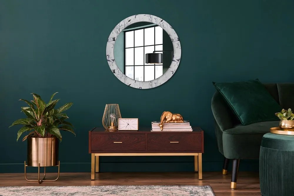 Kulaté zrcadlo s dekorem Jeřáby ptáci fi 70 cm