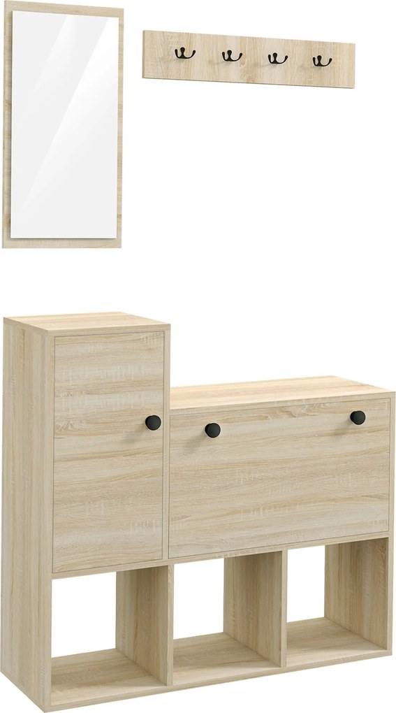 HOMCOM 3 v 1 Předsíňový nábytek se stojanem na boty pro 9 párů bot, nástěnným háčkem na kabáty se 4 háčky, skříňkou a zrcadlem z MDF | Aosom