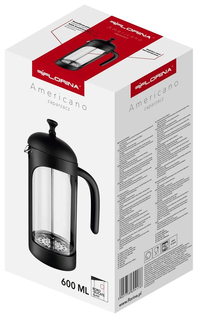 Konvice na kávu nebo čaj se sítkem Florina 600 ml černá pro tzv. French press