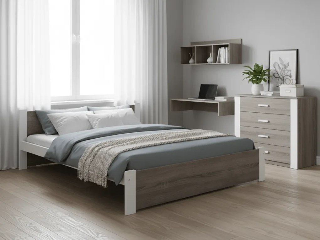 Postel IKAROS 160 x 200 cm, bílá/dub lanýž Matrace: Matrace Deluxe 10 cm, Rošt: S laťkovým roštem