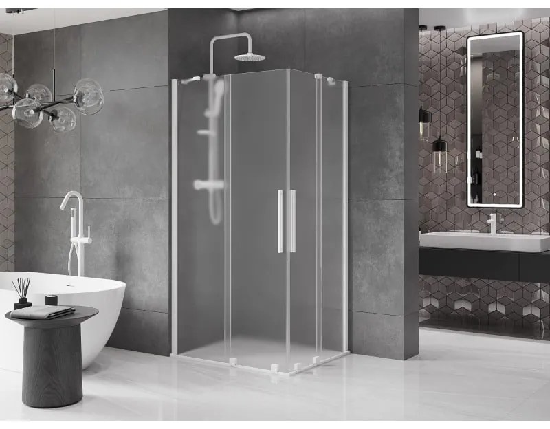 Mexen Velar Duo, sprchový kout s posuvnými dveřmi 100 x 90 cm, 8mm sklo námraza, bílá matná, 871-100-090-32-20